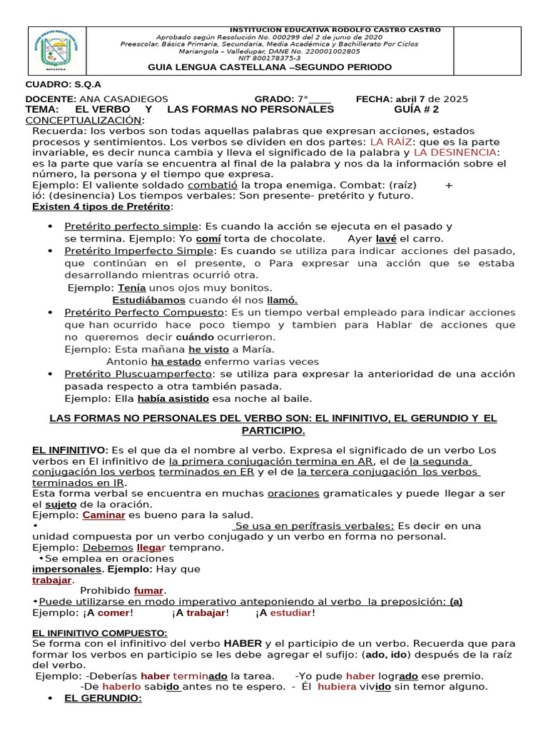 Verbos de Evaluación en Lengua Castellana | PDF | Verbo | Conjugación ...