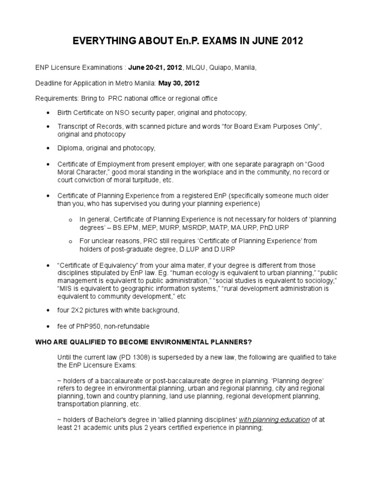 EnP Exam Guide: June 2012 Details | PDF | Urban Planning | Engineering