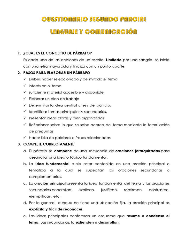 Cuestionario II Parcial Lenguaje | PDF | Ensayos | Coma
