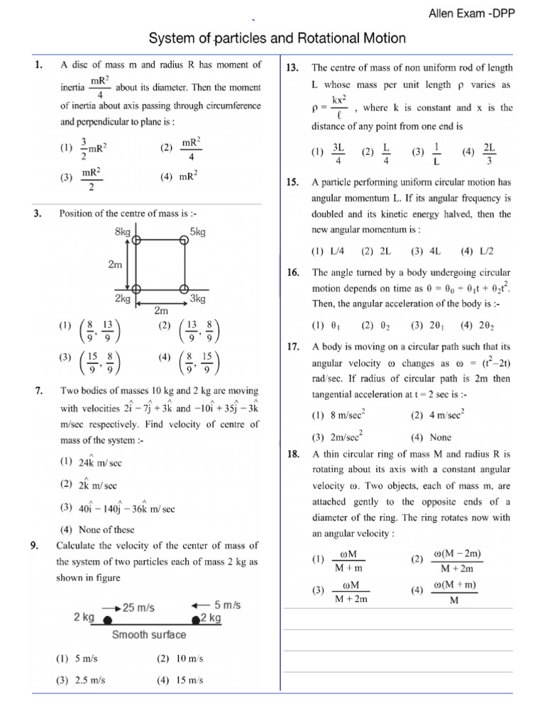 System of Particles-ALLEN EXAM-DPP | PDF