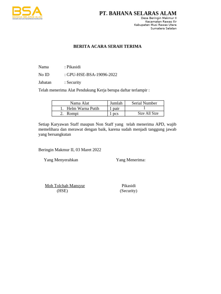 Serah Terima APD di PT. Bahana Selaras Alam | PDF