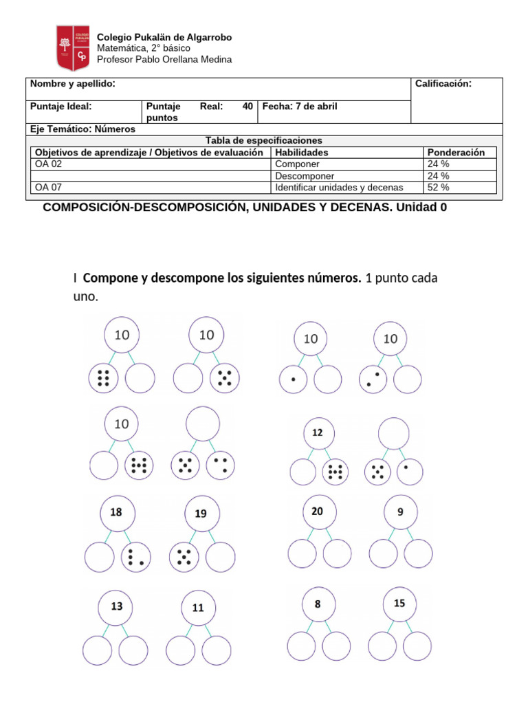 Prueba Matemática 1, 2° Básico | PDF