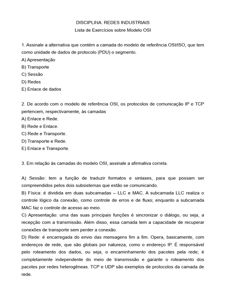 Lista de Exerc-cios Do Modelo OSI | PDF | Modelo OSI | Rede de computadores