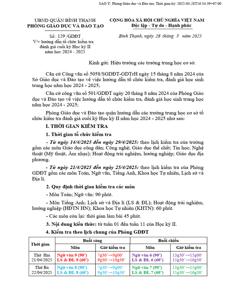 Về hướng dẫn kiểm tra cuối kỳ HKII - 2024-2025 | PDF