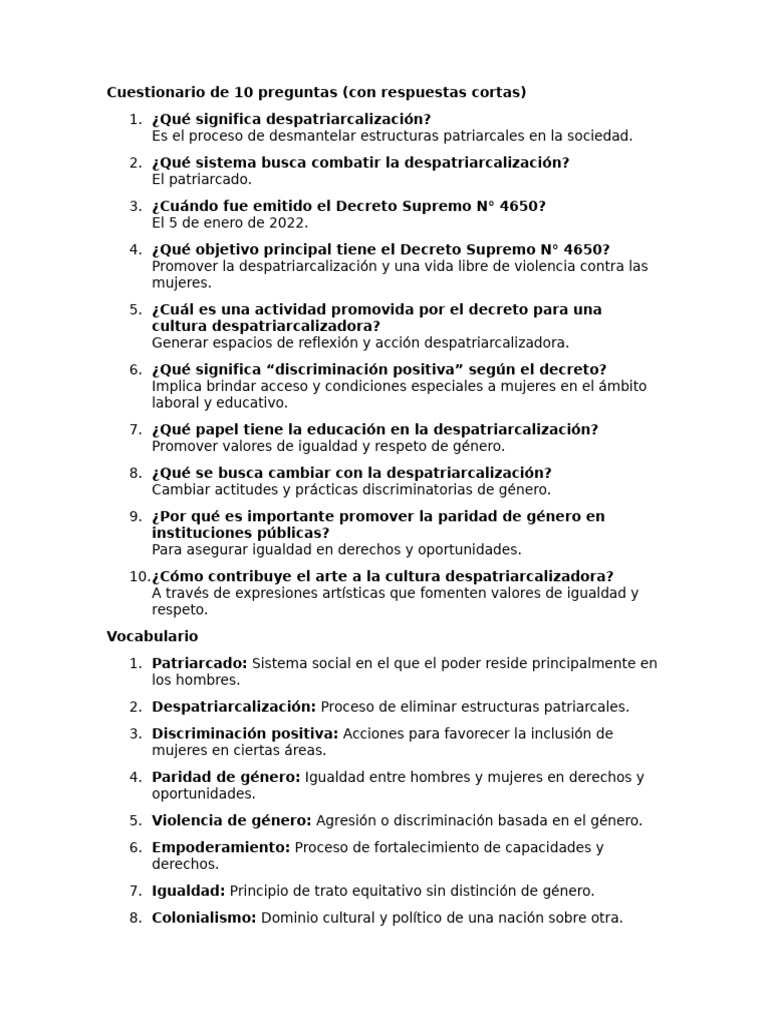 Cuestionario de 10 Preguntas DESPATRIARCALIZACIÓN EN LAS INSTITUCIONES PÚBLICAS | PDF