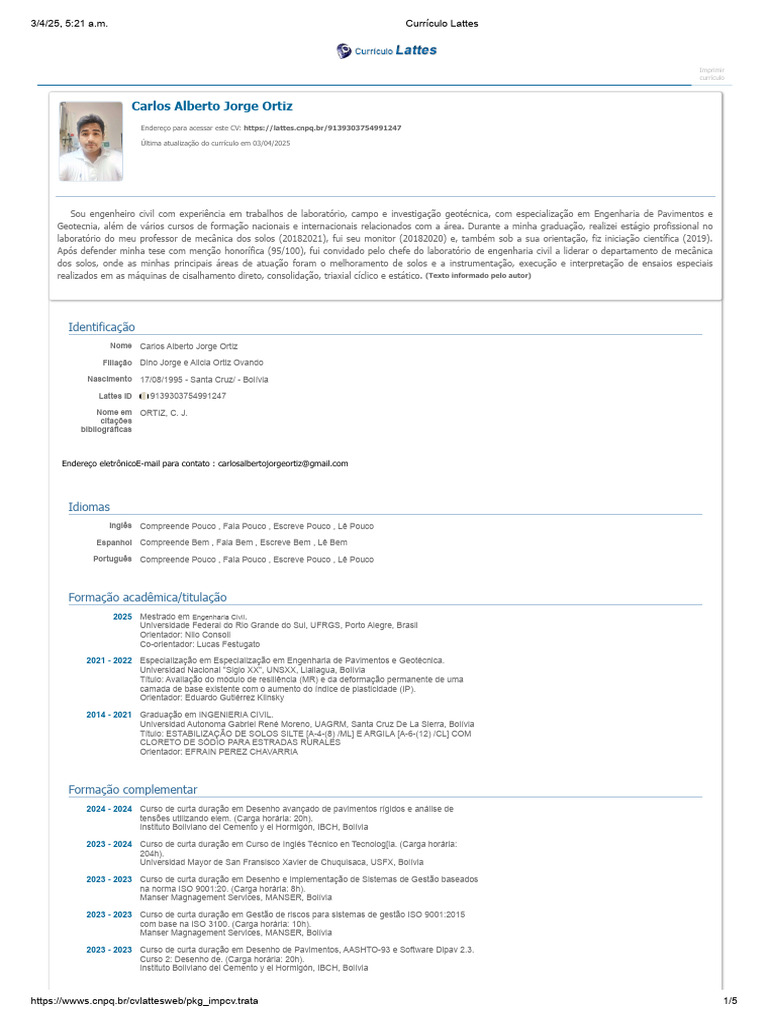 Curriculum Lattes Ufrgs Carlos | PDF | Bolívia | Engenharia