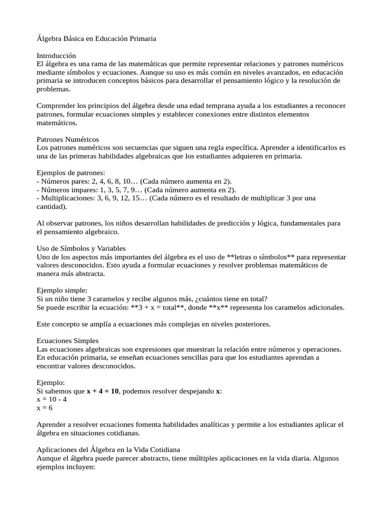 Álgebra Básica en Educación Primaria | PDF | Álgebra | Ecuaciones