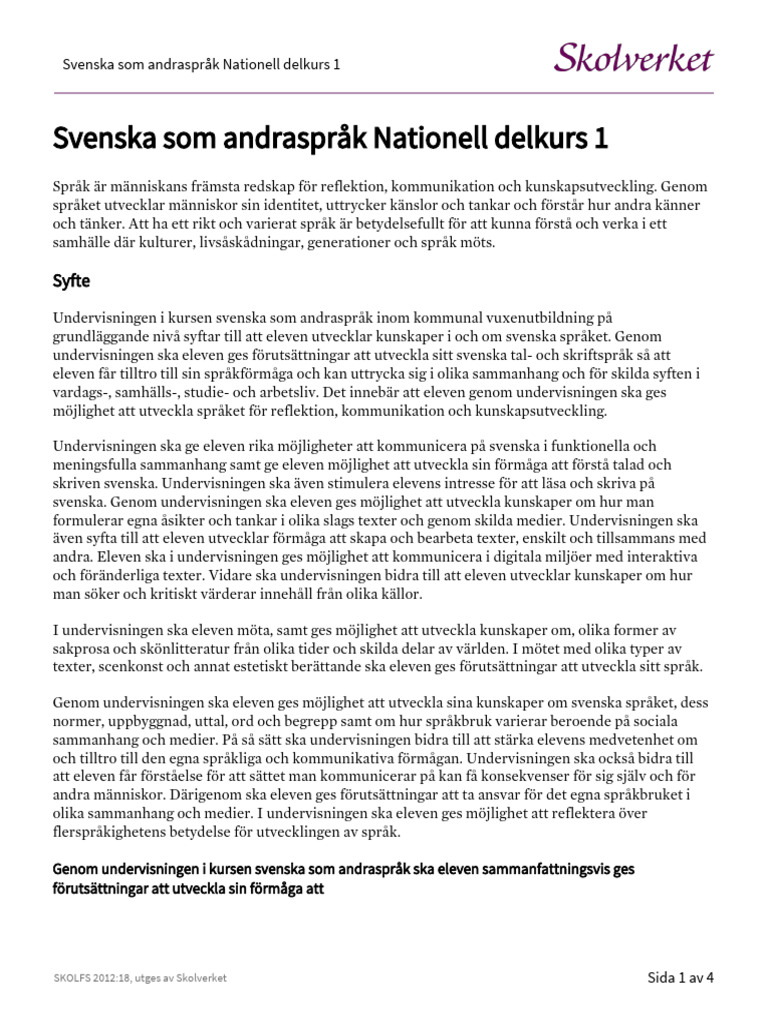 Kursplan Svenska Som Andraspråk Delkurs 1 | PDF
