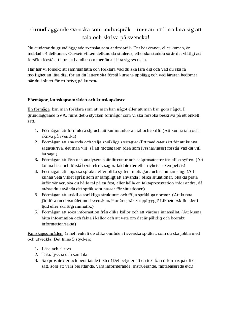 Kursen Grundläggande Svenska Som Andraspråk | PDF