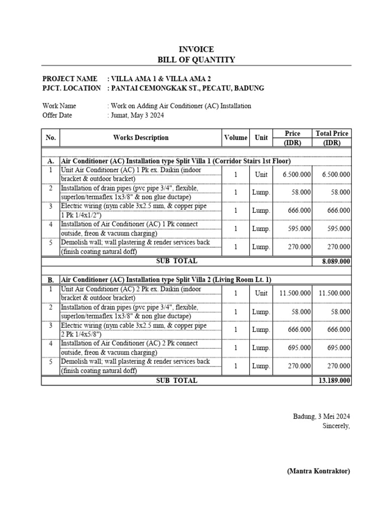 Invoice AC Instalation Works Villa Ama Rev | PDF | Building Engineering | Building Technology