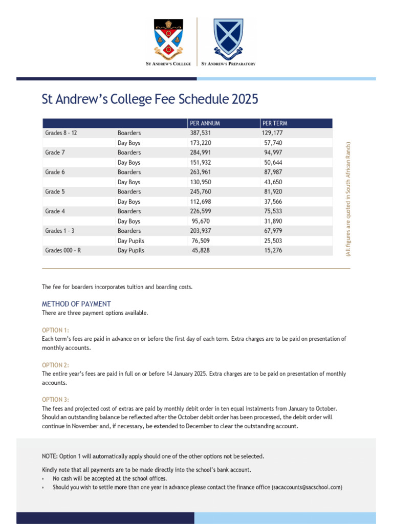 St Andrew's College Fees 2025 | PDF | Fee | Boarding School