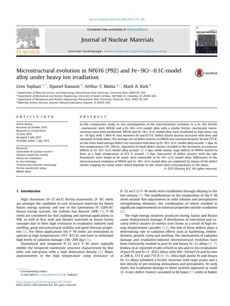Microstructural Evolution in P92 and Fee9Cre0.1C-Model Alloy Under ...