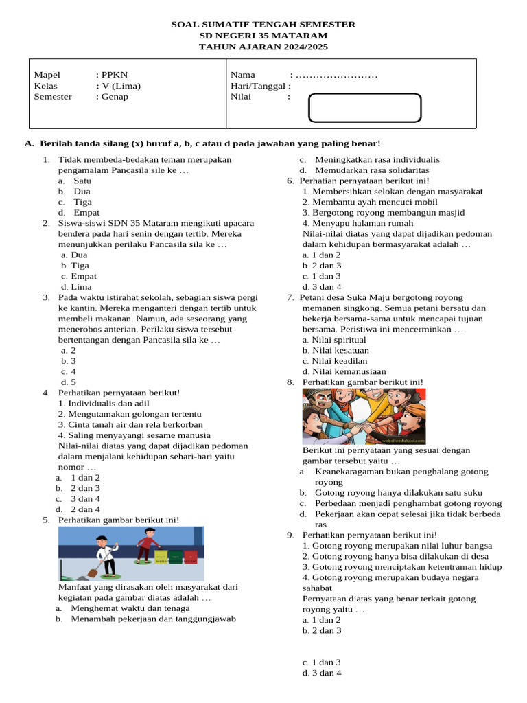 Soal STS 1 PPKN Kelas 5 | PDF