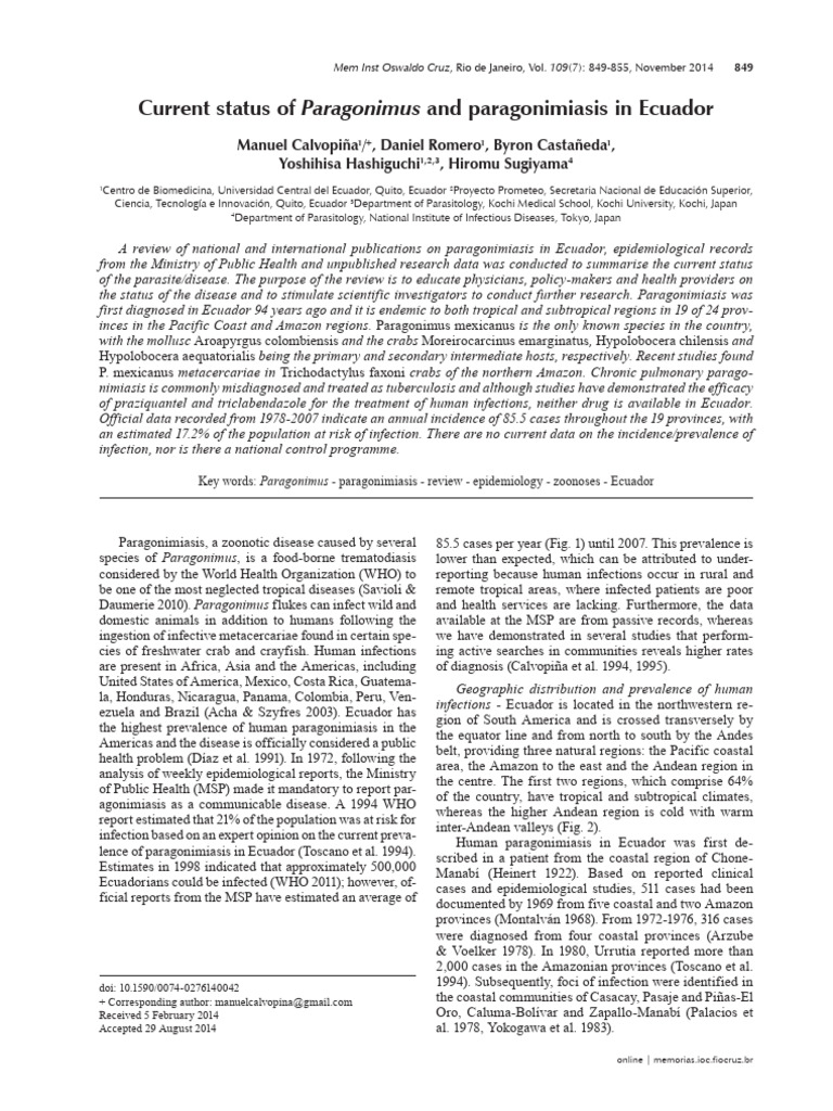 Current Status of Paragonimiasis in Ecuador | PDF | Medical Specialties ...