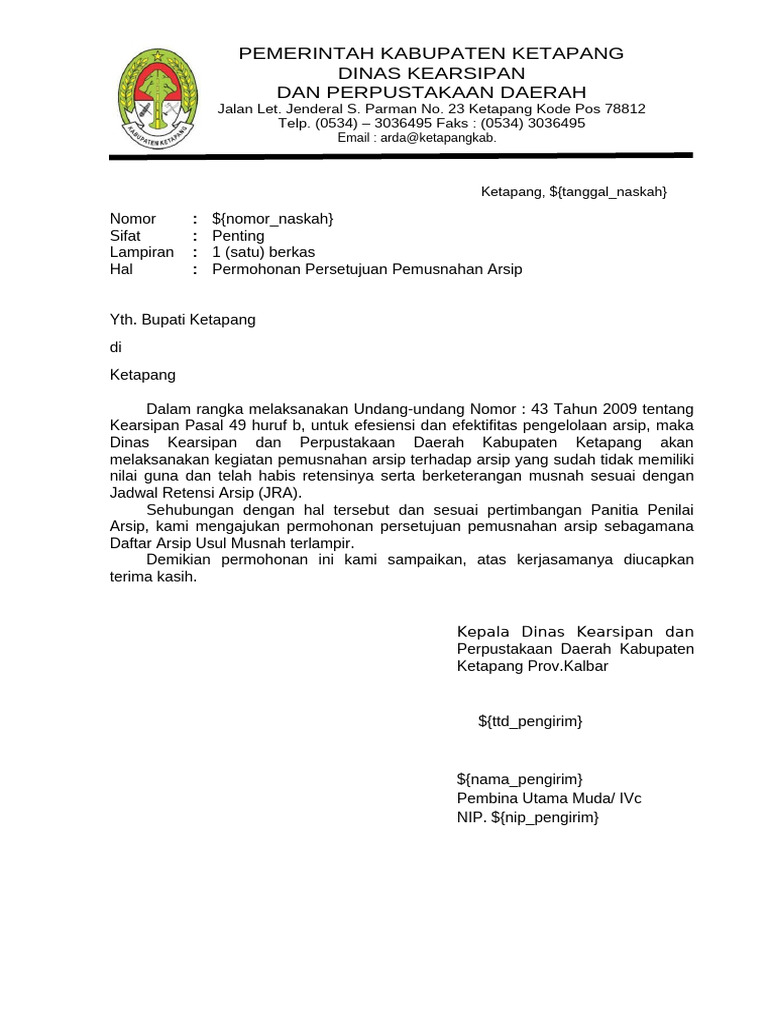 SURAT DINAS - Permohonan Pemusnahan Arsip Ke Bupati | PDF