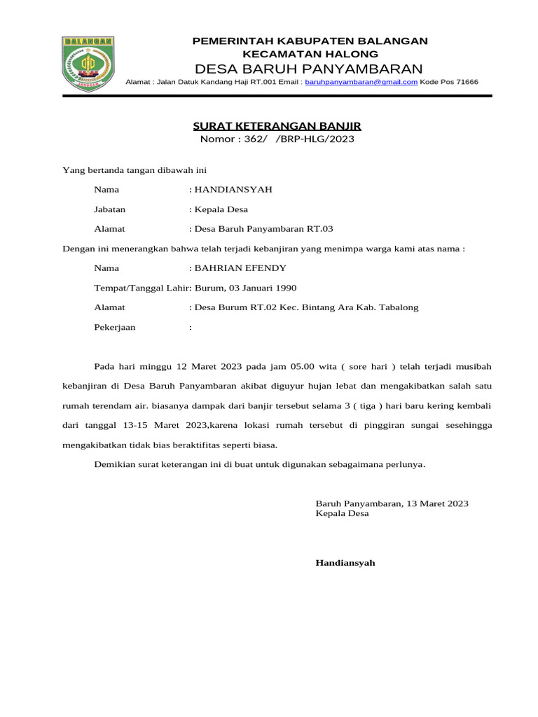 Surat Keterangan Banjir | PDF
