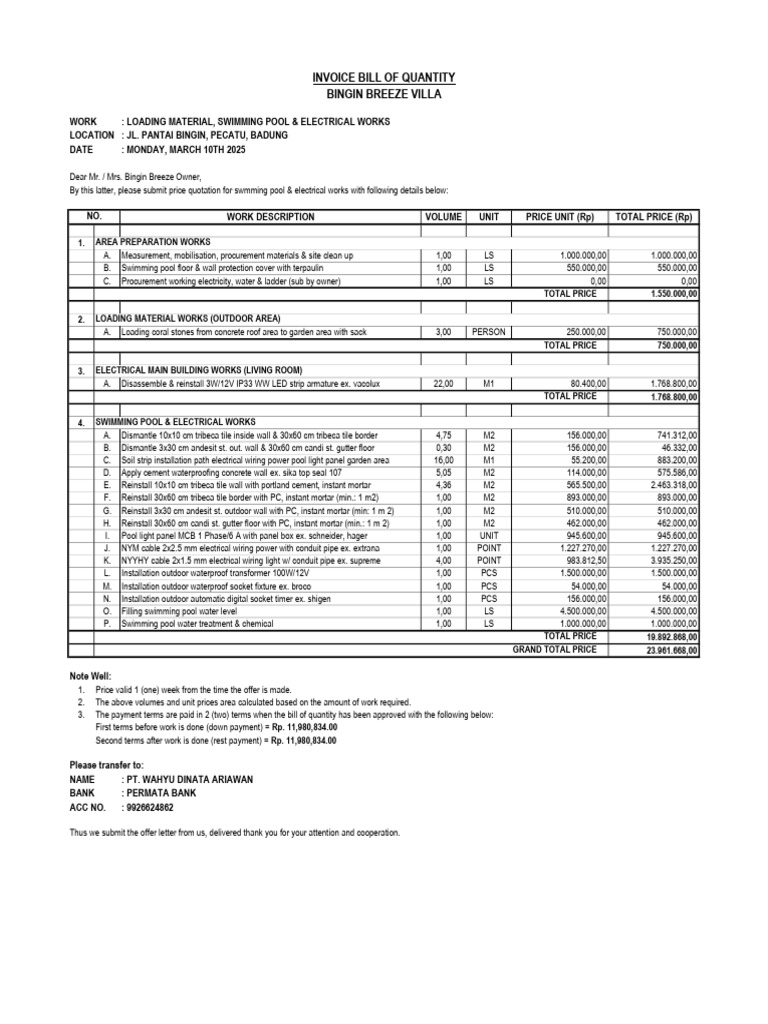 Invoice Villa Bingin Breeze | PDF | Building Engineering | Building Materials
