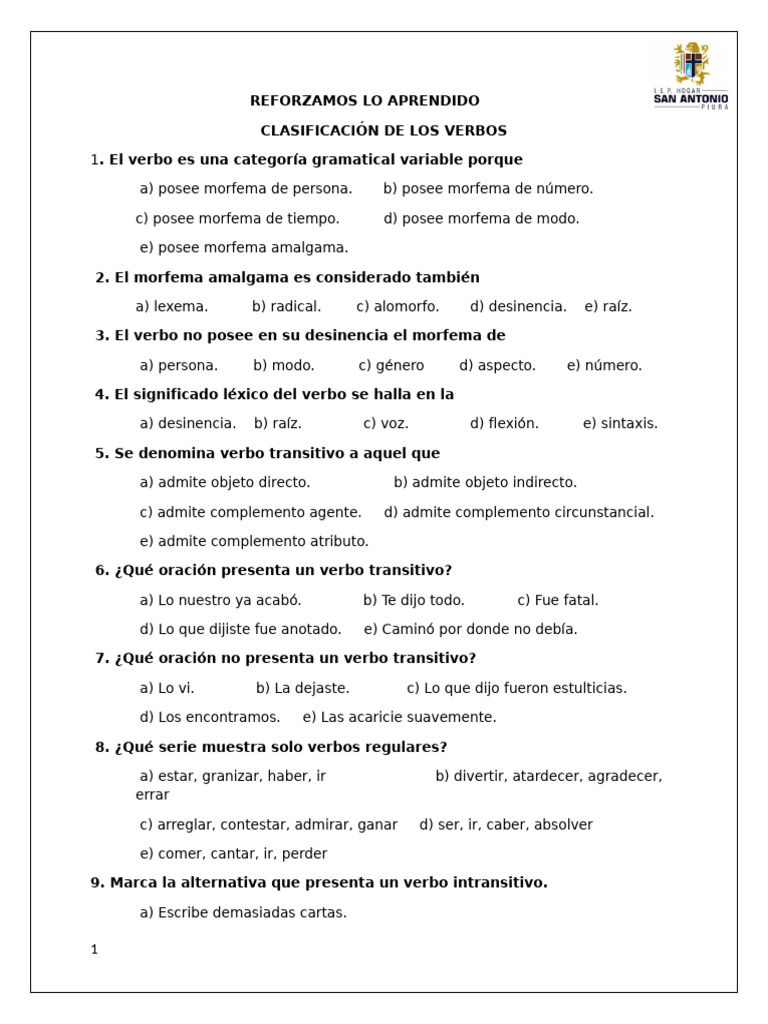Reforzamos Lo Aprendido - Clasificacíon Del Verbo | PDF | Verbo ...