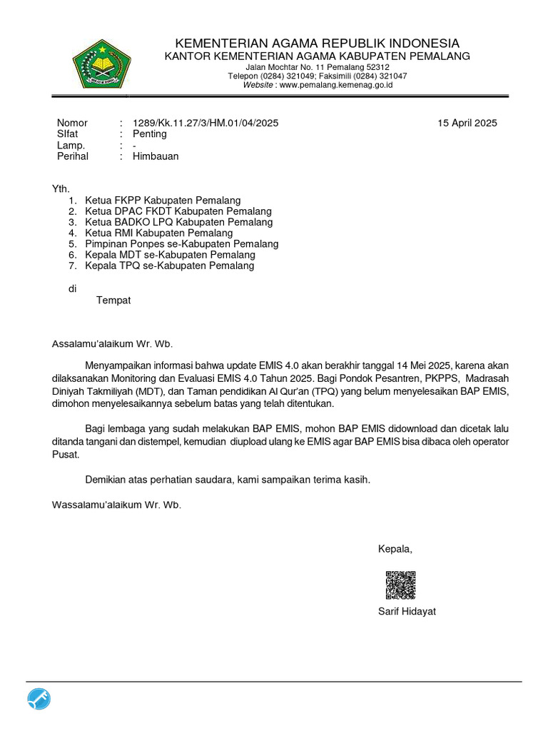 Himbauan Update EMIS 4.0 Pemalang | PDF