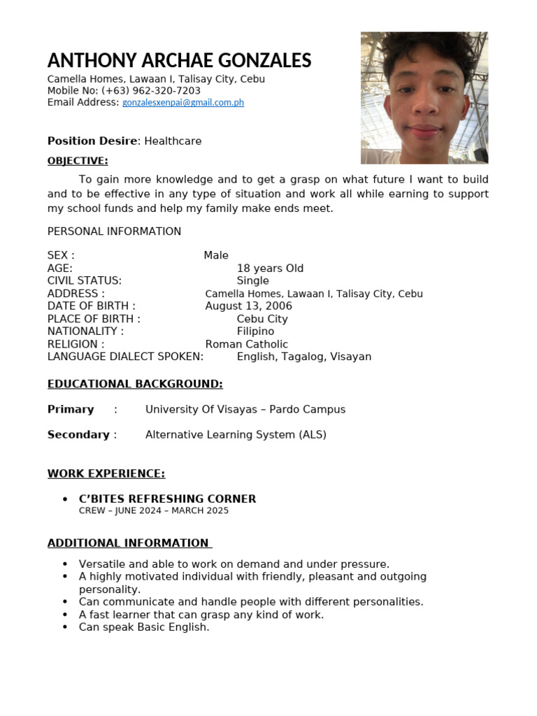 Anthony Archae Gonzales Resume | PDF