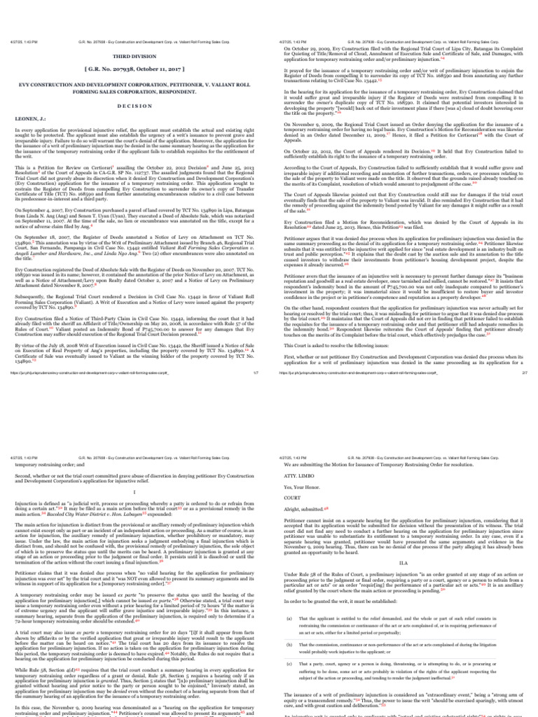 Evy Construction vs. Valiant Roll Corp. | PDF | Injunction | Judiciaries