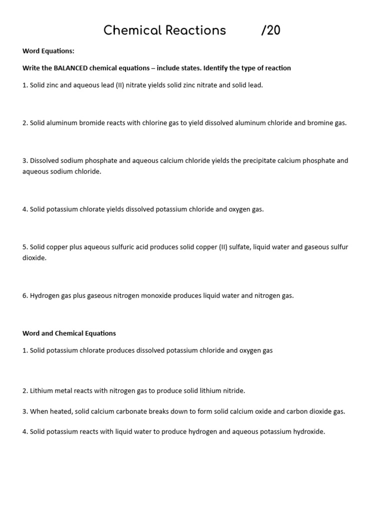 Chemical Reactions Worksheet - Google Docs | PDF