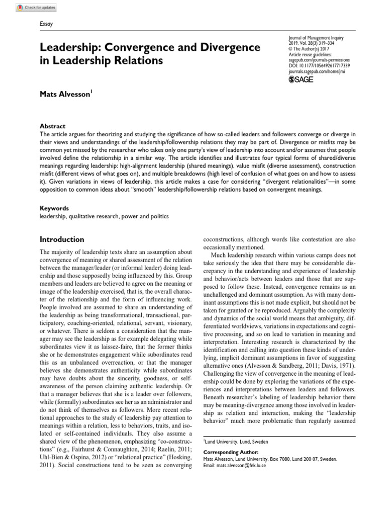 Alvesson (2017b) - Leadership convergence and divergence in leadership ...