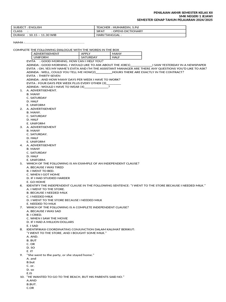 Pas - Genap - Kelas Xii - English | PDF | Syntax
