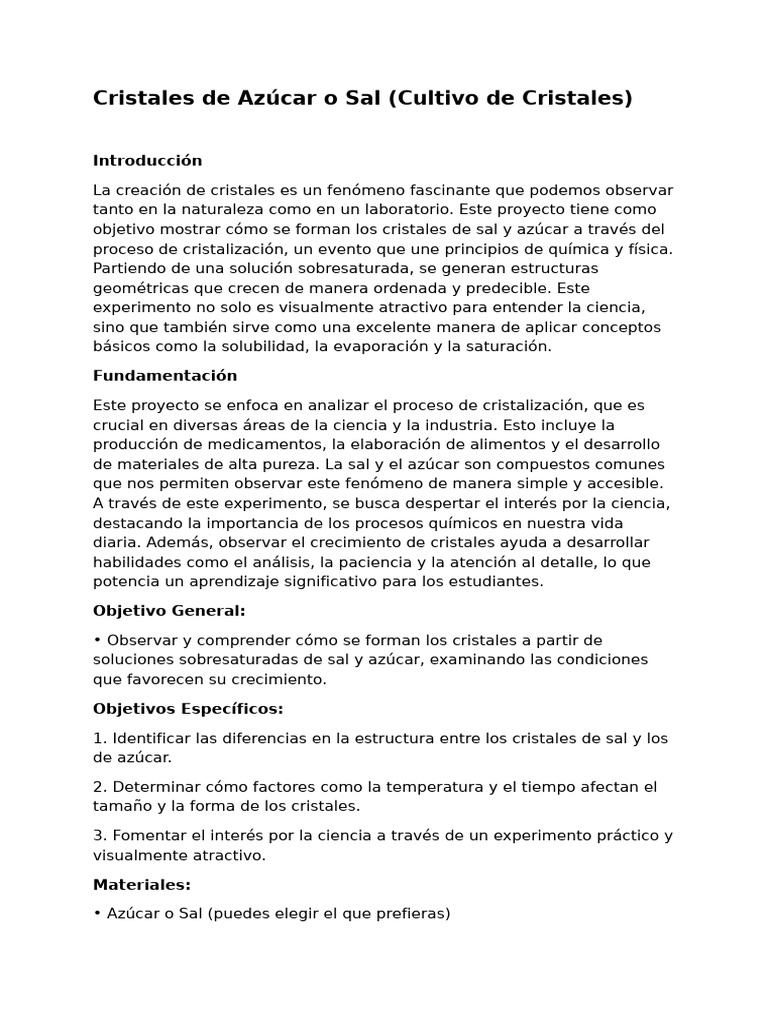 Cultivo de Cristales de Azúcar y Sal | PDF | Cristalización | sal