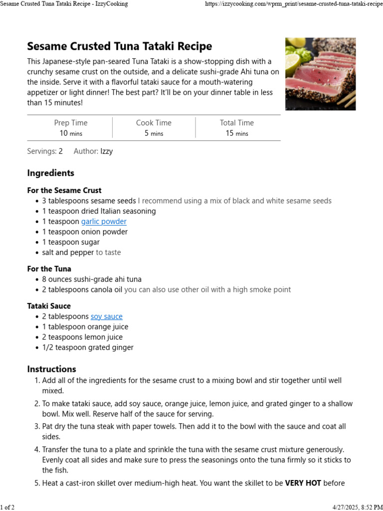 Sesame Crusted Tuna Tataki Recipe | PDF | Teaspoon | Sauce