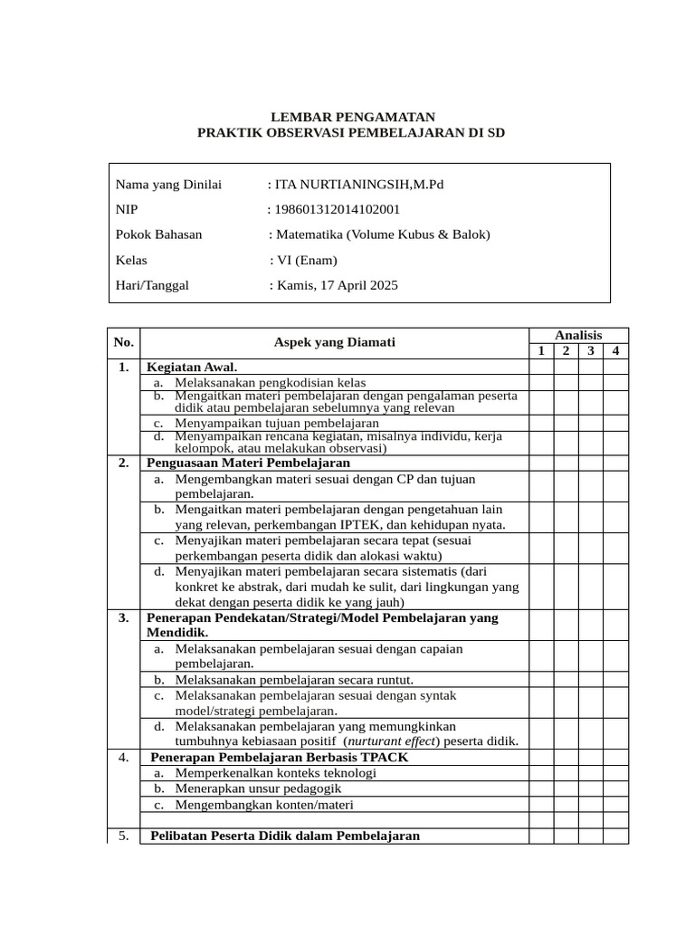 Lembar Observasi Pengamatan Praktek SD | PDF