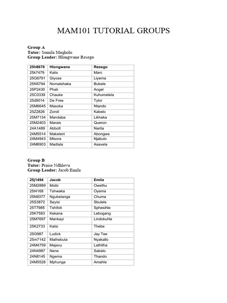 MAM101 2025 Tutorial Groups | PDF