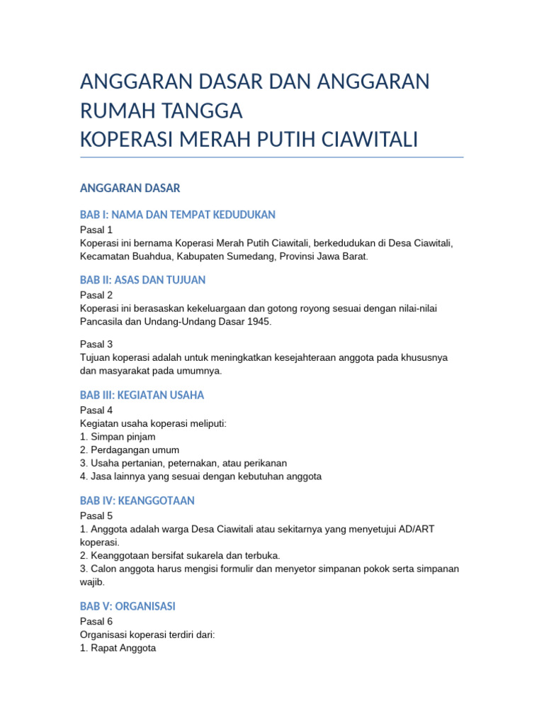 AD ART Koperasi Merah Putih Ciawitali | PDF