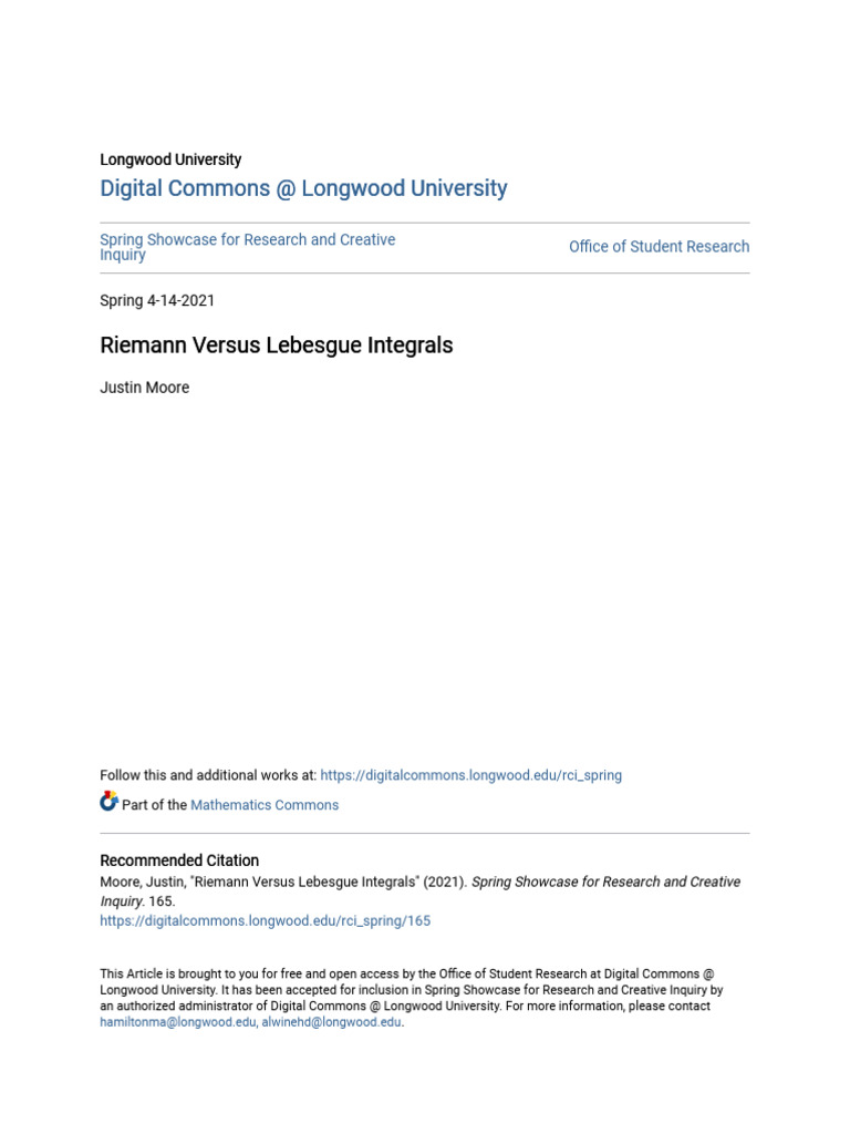Riemann Versus Lebesgue Integrals | PDF | Integral | Area