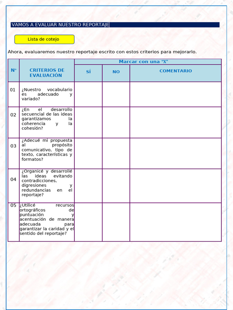Lista de Cotejo Reportaje Escrito | PDF