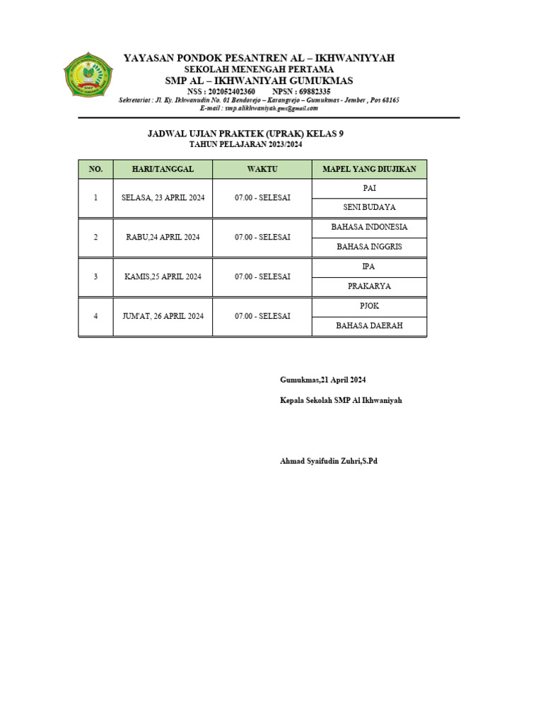 Jadwal Uprak Kelas 9 TP 2023-2024 | PDF