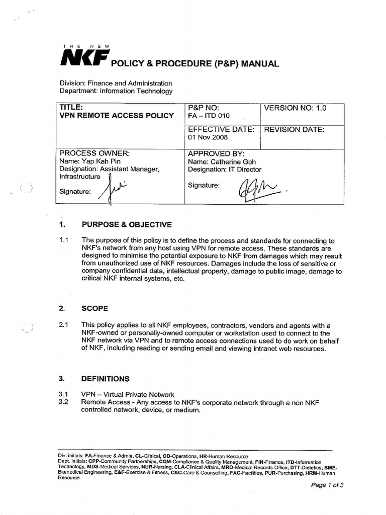 FA-ITD-010 VPN Remote Access Policy | PDF