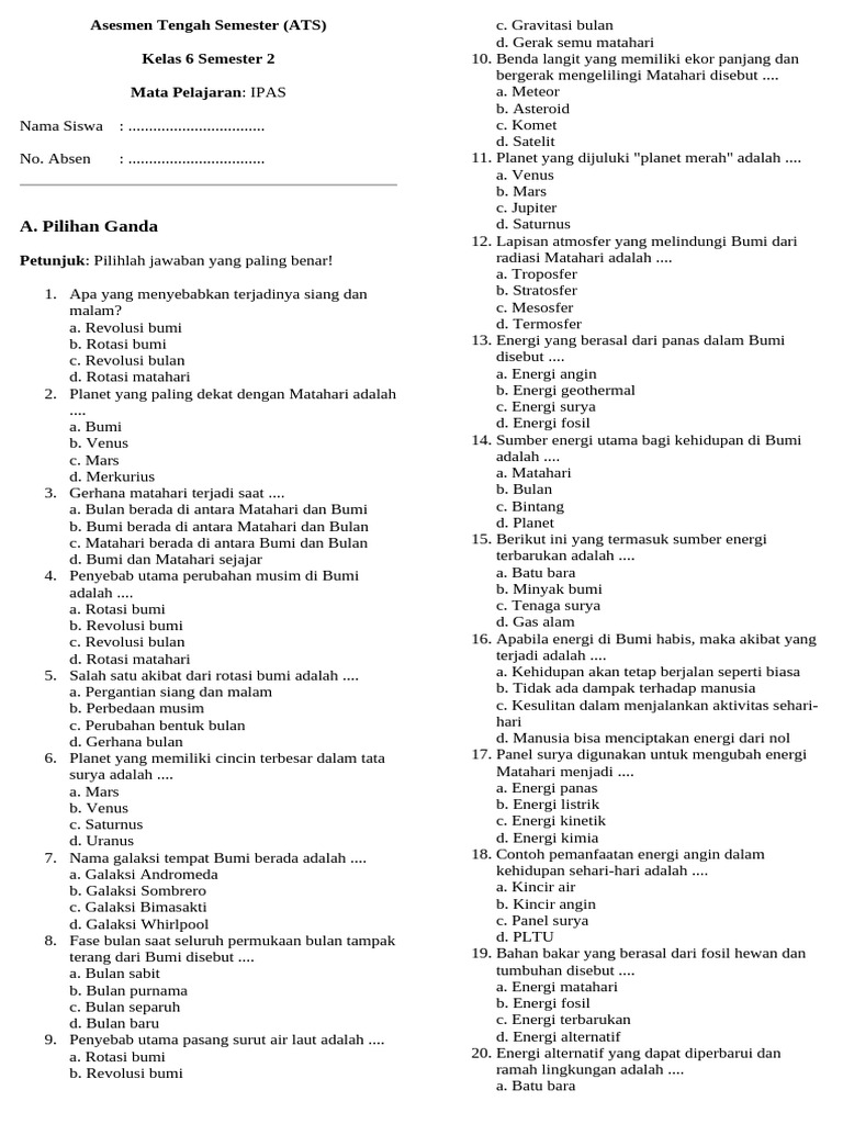 Asesmen Tengah Semester ATS Mapel IPAS Semester 2 Kelas 6 Kurikulum ...