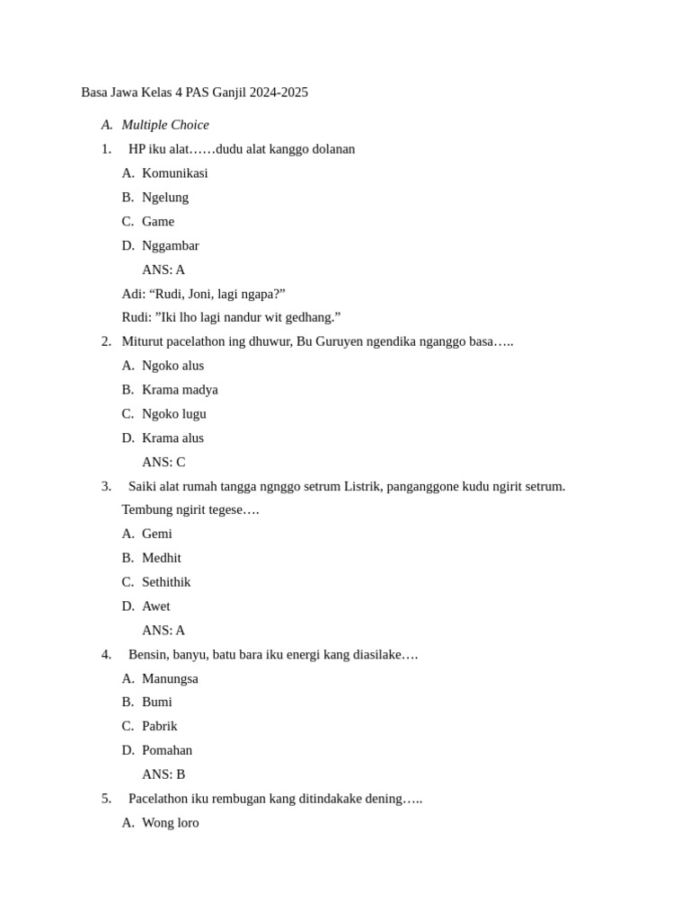 Bhs Jawa Kelas 4 PAS Ganjil 2024 | PDF