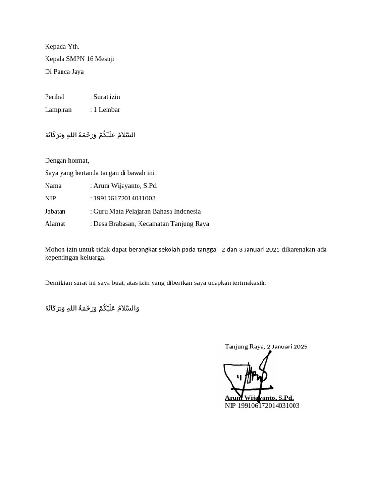 Surat Izin Arum Wijayanto | PDF