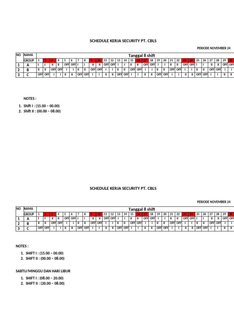 SCHEDULE KERJA SECURITY PT.CBLS | PDF