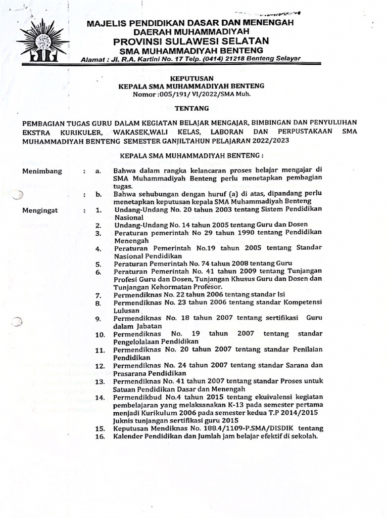 SK Pembagian Tugas Semester I THN Ajaran 2022:2023 | PDF