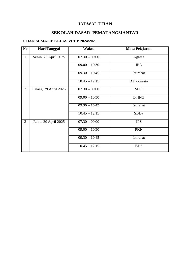 JADWAL UJIAN KLS VI 2025 Edit | PDF