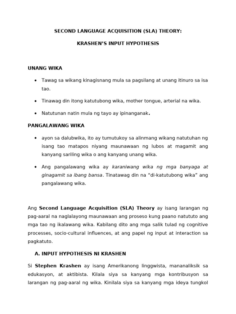 Sla Theory Krashen Input Hypothesis | PDF