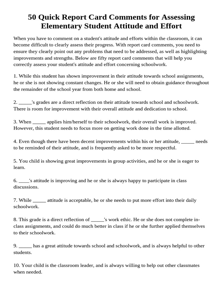 50 Report Card Comments on Student Attitude | PDF | Classroom | Psychology