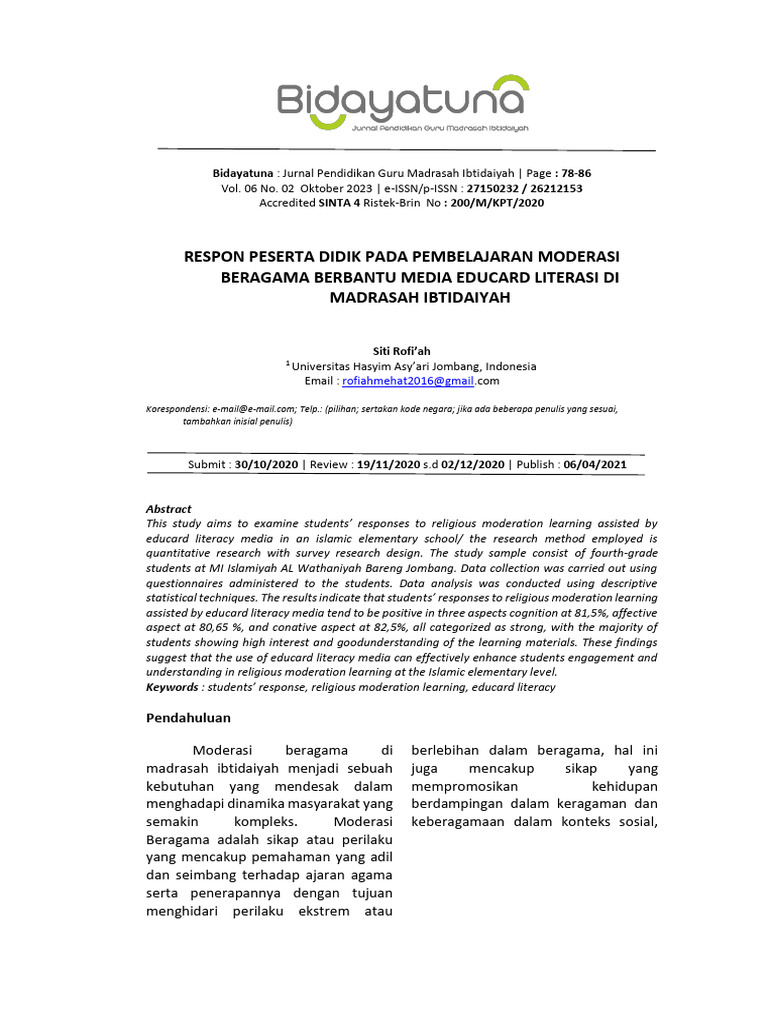 Respon Peserta Didik Pada Pembelajaran Moderasi Beragama Berbantu Media Educard Literasi Di ...