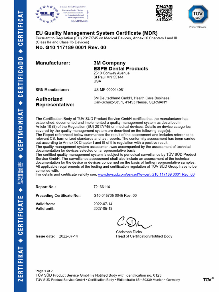 Reg Certificate 11 908494 - 1 Eu MDR | PDF | Medical Device | Medicine