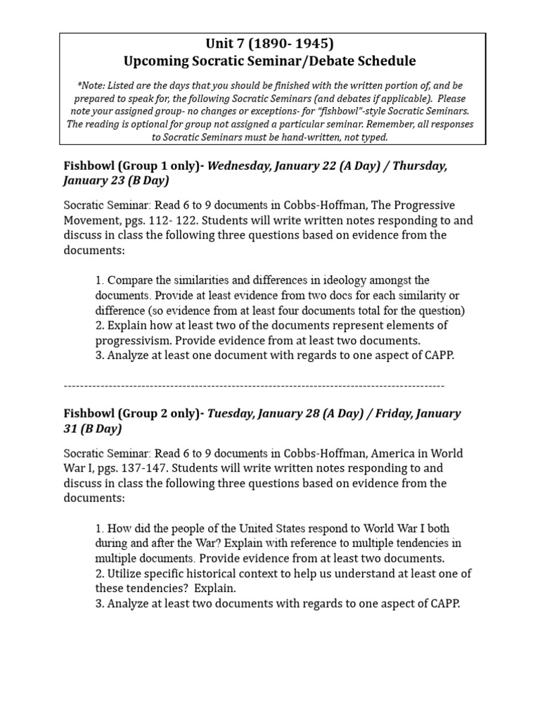 Unit 7 Socratic Seminar & Debate Schedule - 1-30 | PDF