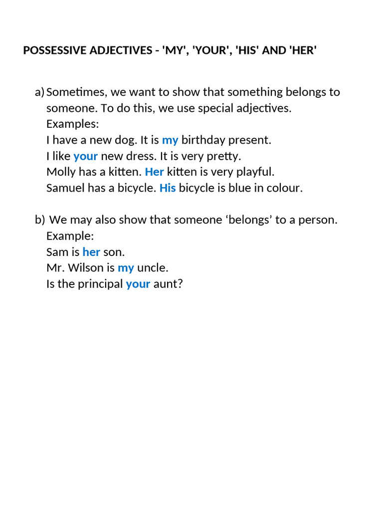 1.9 Possessive Adjectives - 'My', 'Your', 'His' and 'Her' | PDF