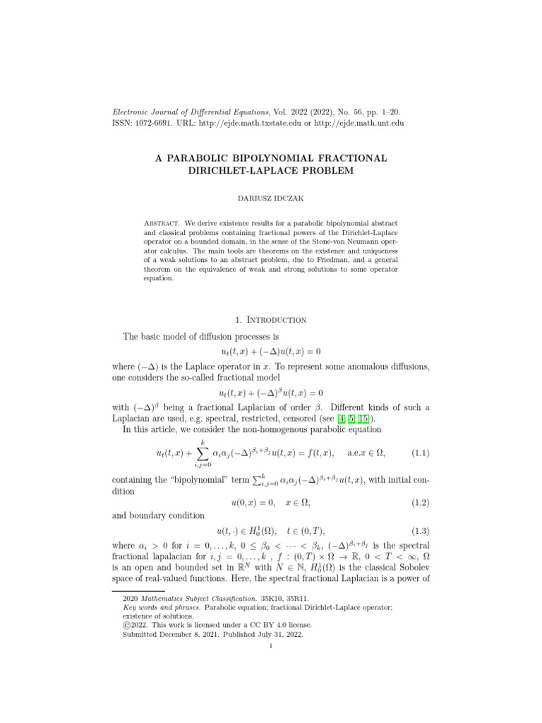 A Parabolic Bipolynomial Fractional Dirichlet-Laplace Problem | PDF | Mathematical Analysis ...